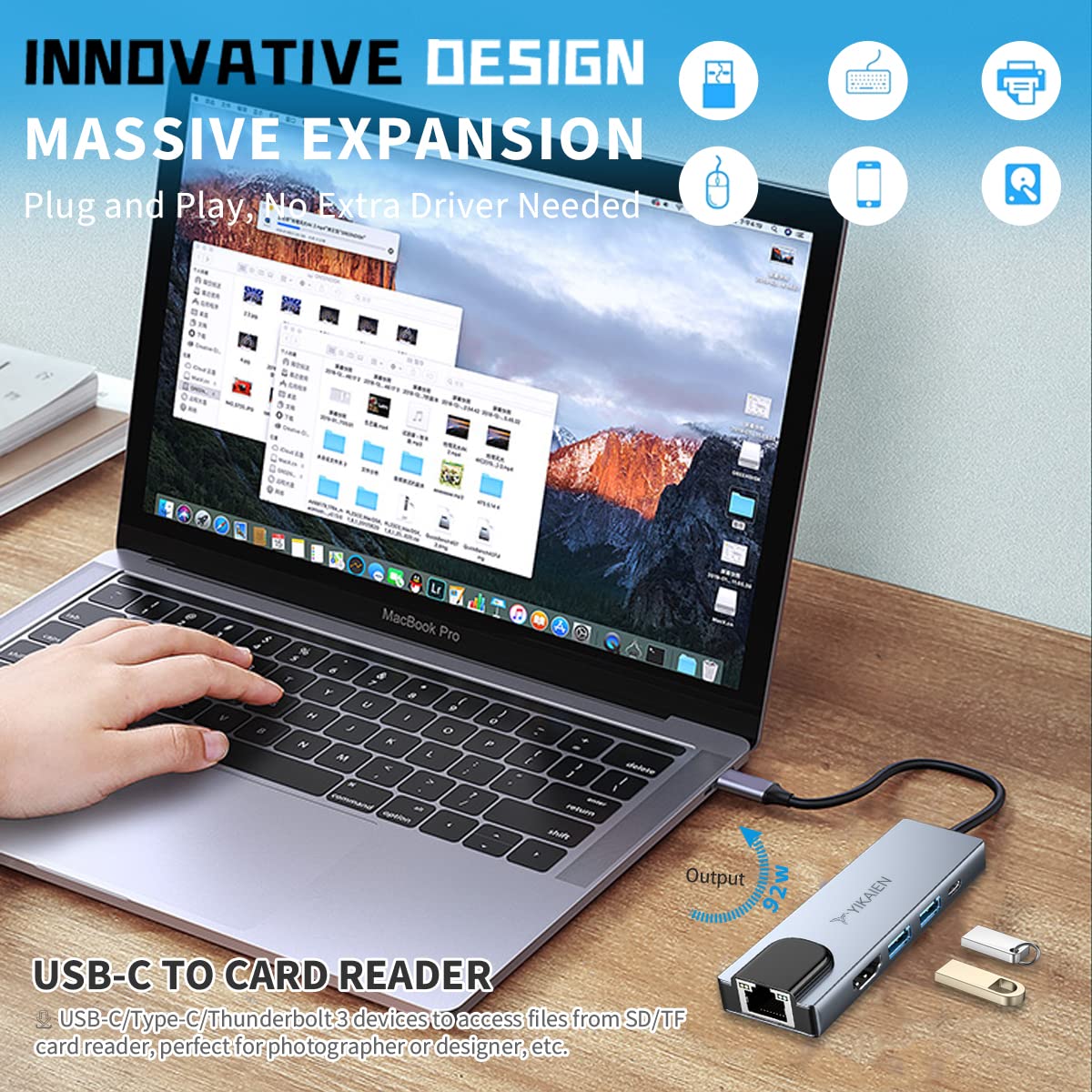 USB C Hub,YIKAIEN 5 Ports USB Type C to Ethernet HDMI USB 3.0 Type C Port Hub Adapter Compatible with MacBook Pro Air iMac Samsung Galaxy Note LG Chromebook Pixelbook Dell XPS Oculus Rift