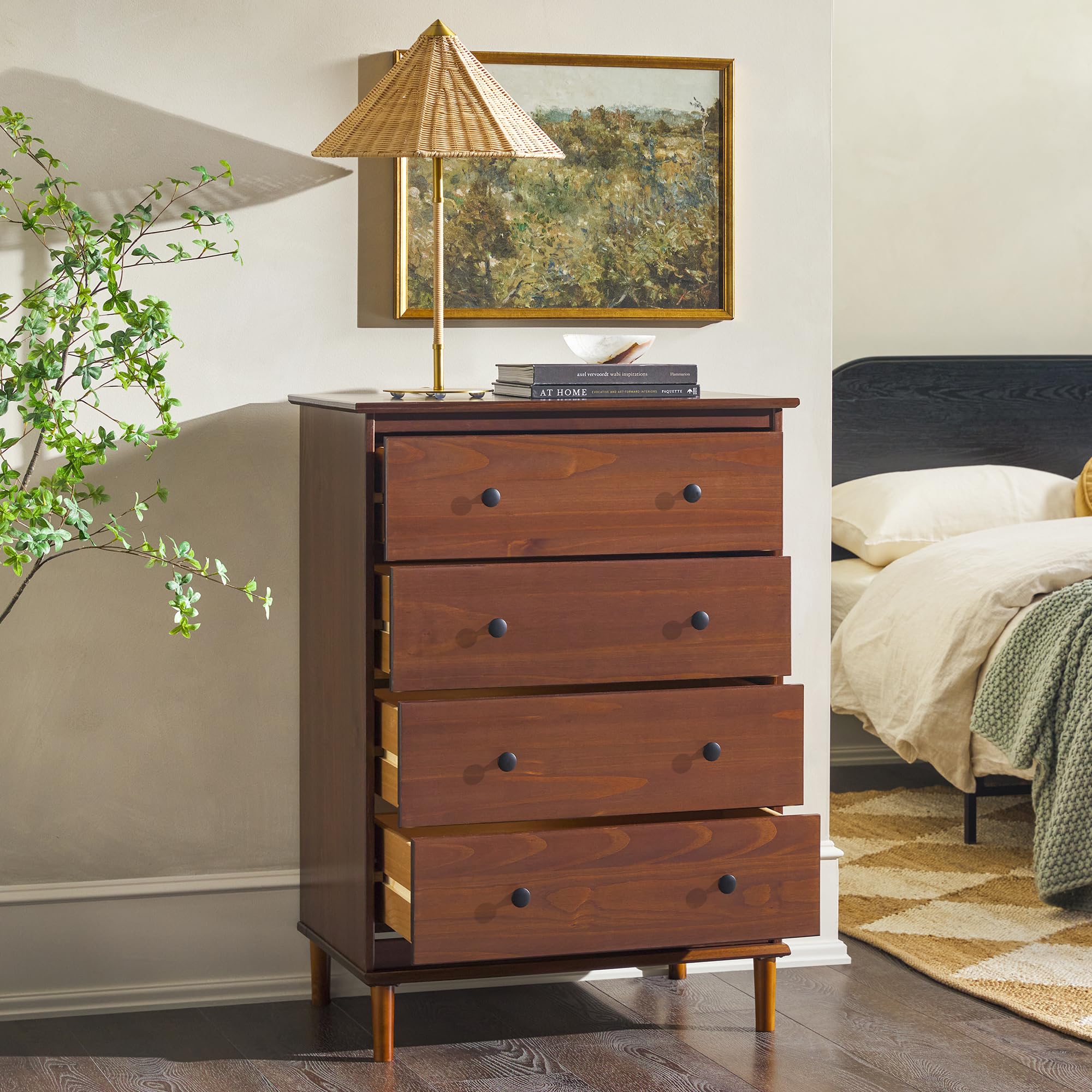 Walker Edison Modern Tall 4-Drawer Solid Wood Dresser Bedroom Storage Drawer Organizer Closet Hallway, 40 Inch, Walnut