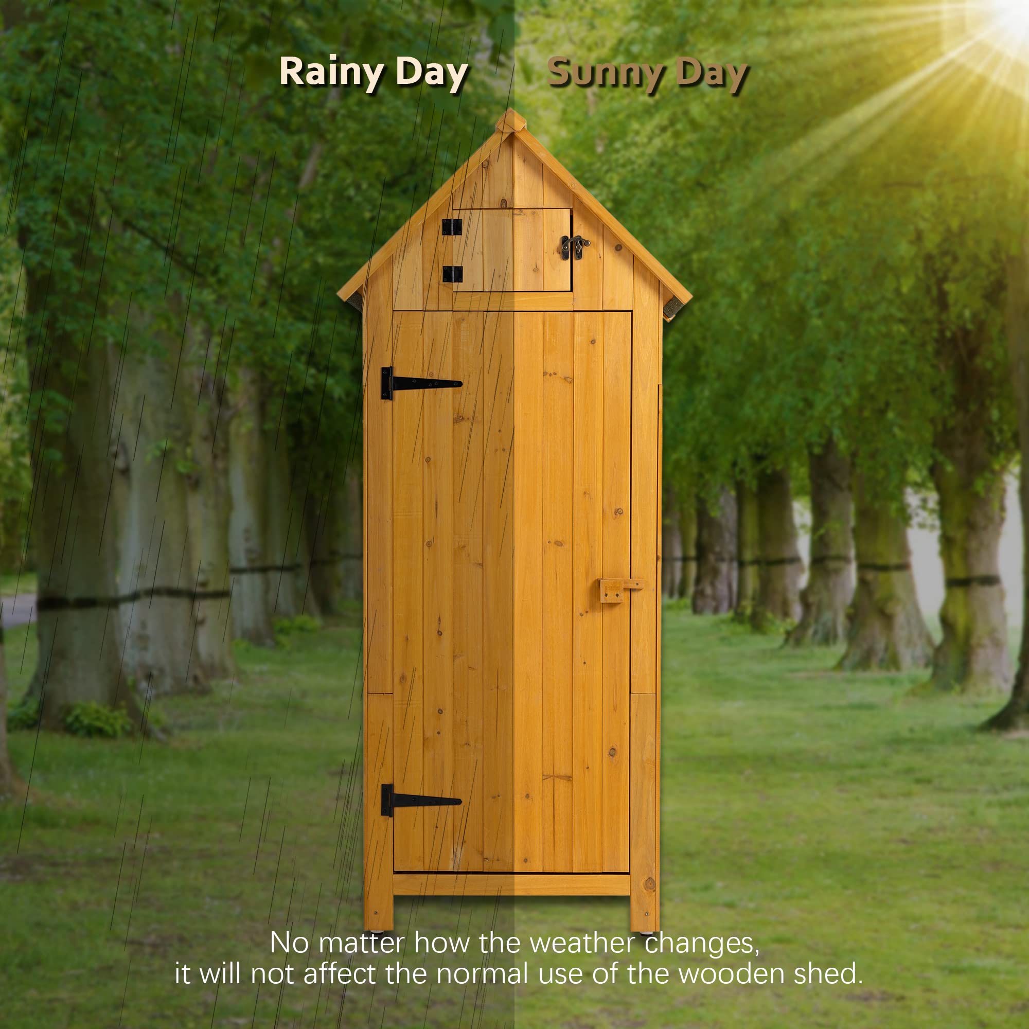 Tmsan Outdoor Storage Cabinet, Small Vertical Tool Shed, Waterproof Wood Box for Patio, Garden, Backyard, Natural