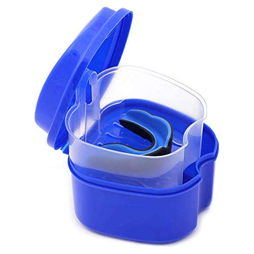 Pockety Dark Blue Denture Case, Denture Cup with Strainer, Denture Bath Box Teeth Storage Box with Basket Net Container Holder for Travel