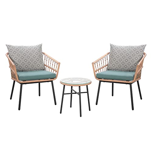 Super Patio 3 Piece Patio Set, Outdoor Furniture Wicker Bistro Set Rattan Chair Conversation Sets with Coffee Table and Cushions, Turquoise/Gray