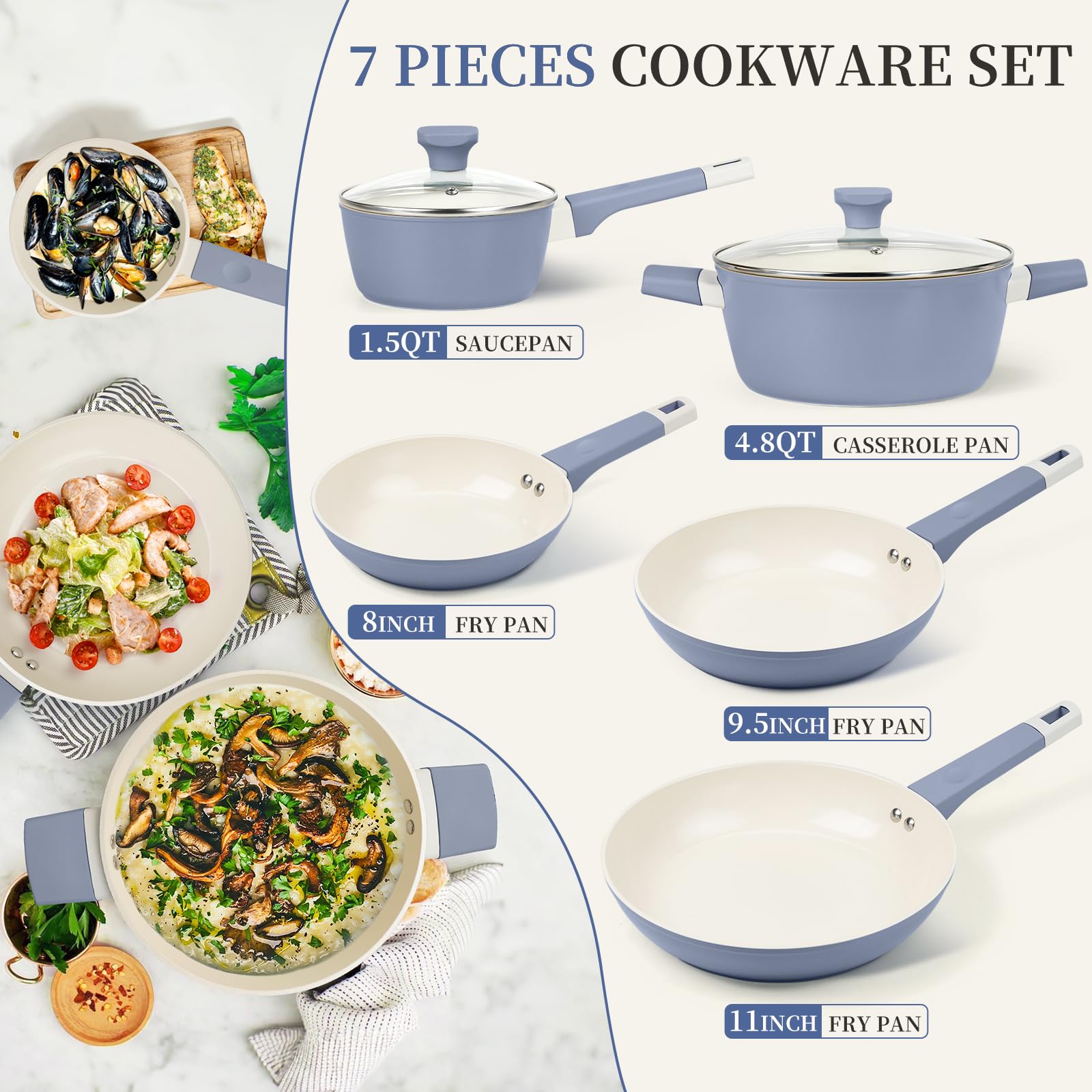 Pots and Pans Set Nonstick,7 Piece Cookware Set with Handle,Ceramic Nonstick Frying Pan & Saucepan & Stockpot,Dishwasher/Oven Safe,PFAS/PFOA Free(Blue Grey)