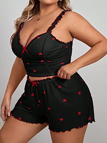 SOLY HUX Women's Plus Size Heart Print Mesh Pajama Set Cami Top and Shorts Lounge Sleepwear Black Heart 5XL