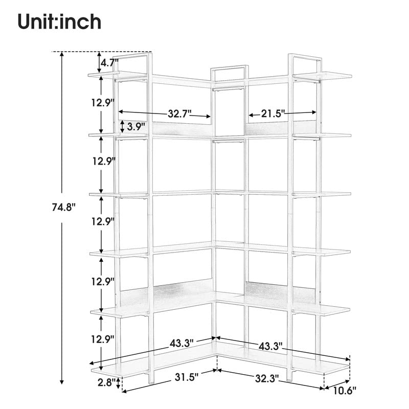 Tejomi Modern 6-Tier Corner Bookshelf, 74.8" Industrial L-Shaped Corner Bookcase with Metal Frame and Open Storage, Free Standing Storage Rack Display Rack for Living Room, Office, Hallway - Black