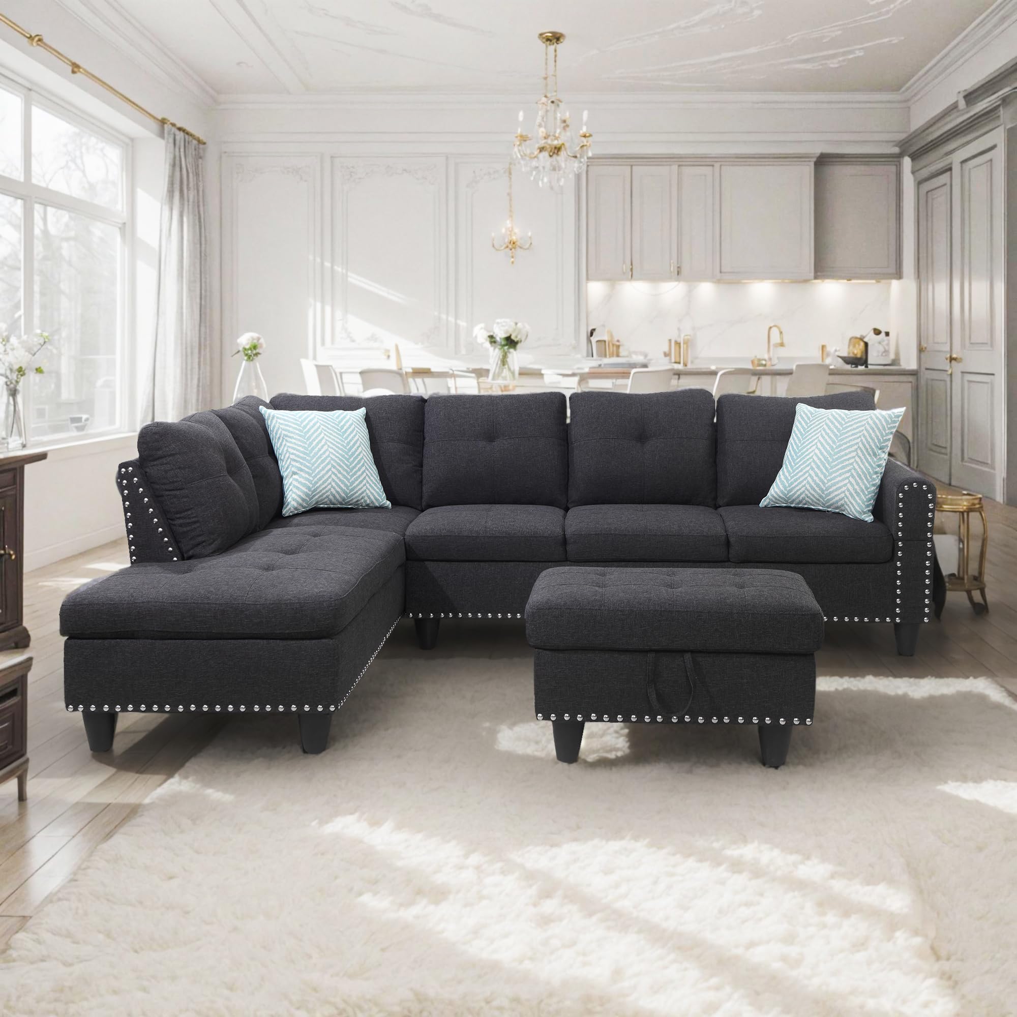 Yehha Upholstered Sofa, L-Shape Sectional Sofá with Removable Ottoman & Left Chaise, Cupholder Console & 2 Pillows, Modern Linen Couches for Apartment, Living Room, Charcoal Grey, Full