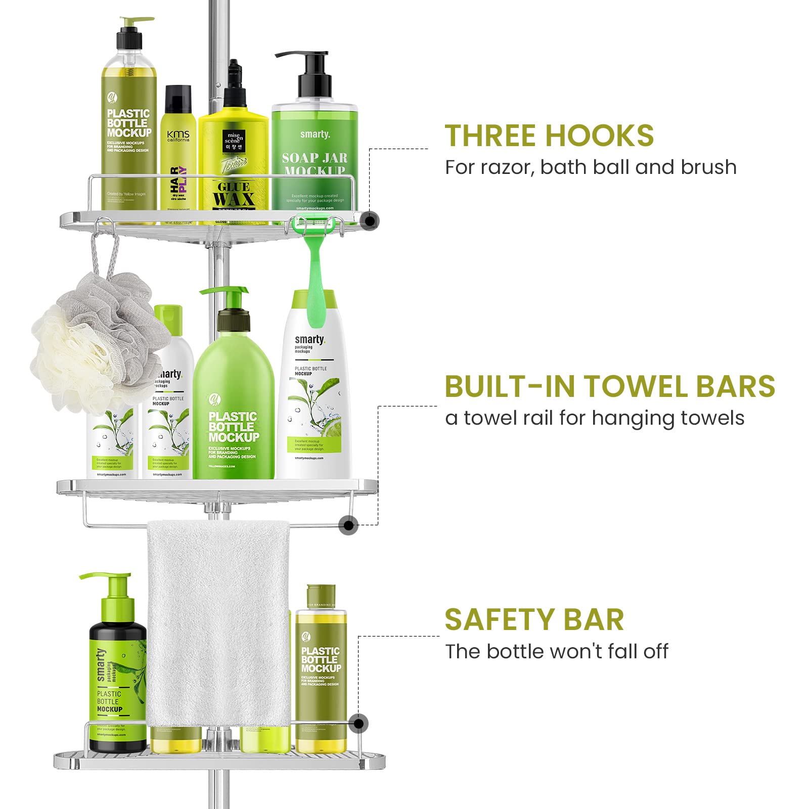 Shower Caddy Tension Pole 4-Tier Adjustable Rustproof Stainless Steel Corner Shower Caddy Tension Pole Drill-Free Standing Shower Tension Rod Organizer for Bathtub Shampoo Storage, 59 To 110 Inch