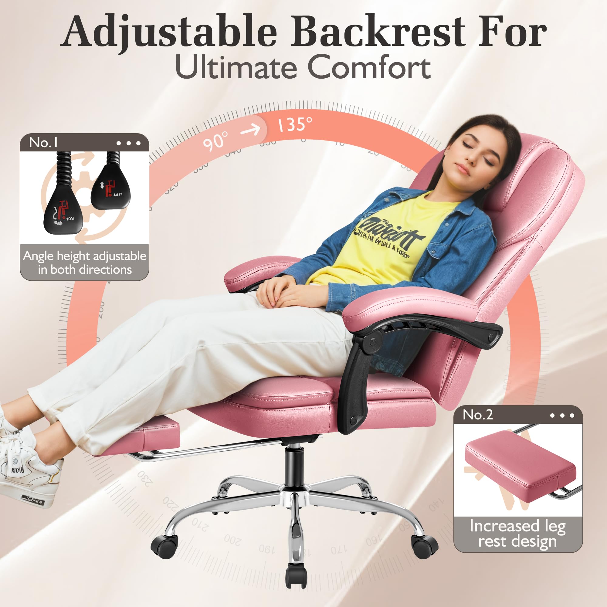 Shahoo Executive Office Chair with Massage, Ergonomic Reclining High Back Leather Seats with Footrest and Lumbar Support, Big and Tall, 500Lbs Heavy Duty, Pink
