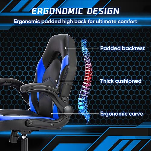 OLIXIS Ergonomic Office Computer Gaming Chair with Lumbar Support Flip-up Arms Adjustable Height PU Leather Swivel with Wheels, 25.98D x 25.39W x 41.73H, Blue