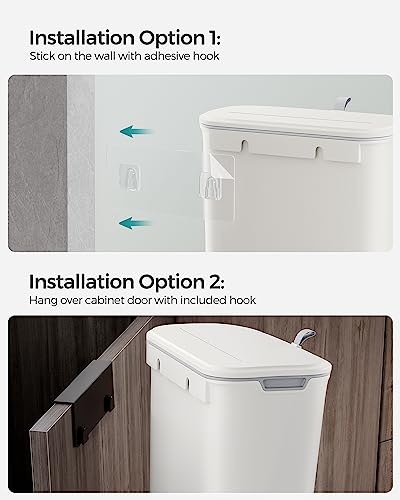 SONGMICS Hanging Trash Can, 2.4-Gallon Kitchen Trash Can with Lid for Food Waste, Wall Mounted Trash Can, Hanging or Sticking on Cupboard Door, for Kitchen Cabinet, Under Sink, White ULTB820W9
