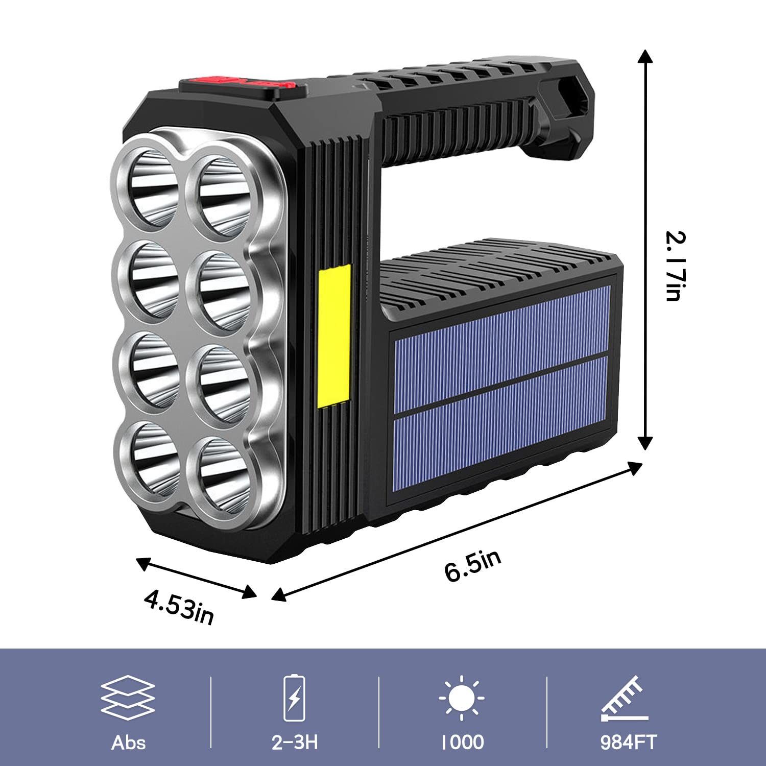 Solar Flashlight Rechargeable 8 LED Handheld with COB Sidelight, High Lumens 3 Modes Searchlight, Portable Lightweight Waterproof Spotlight for Fishing Outdoor Camping Emergencies