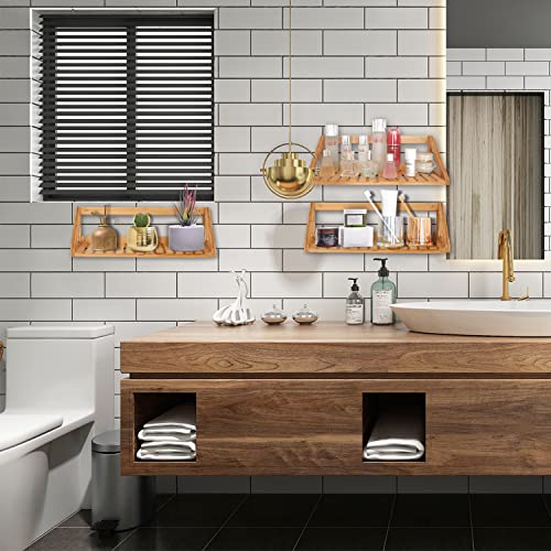 NIUXX Floating Shelves Wall Mounted, 3Pcs Solid Bamboo Wall Hanging Rack Holder, Wall Storage Shelves for Bedroom, Living Room, Bathroom, Kitchen, Office Decor