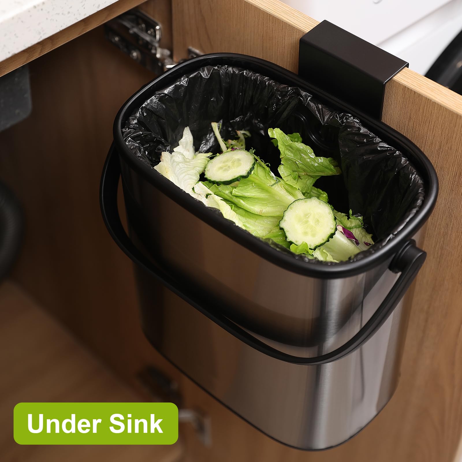 Tegneo Kitchen Compost Bin Countertop, 1.3 Gallon Stainless Steel Kitchen Garbage Can with Lid, Hanging Trash Can for Kitchen Cabinet Door, Under Sink or Wall Mount, Odorless