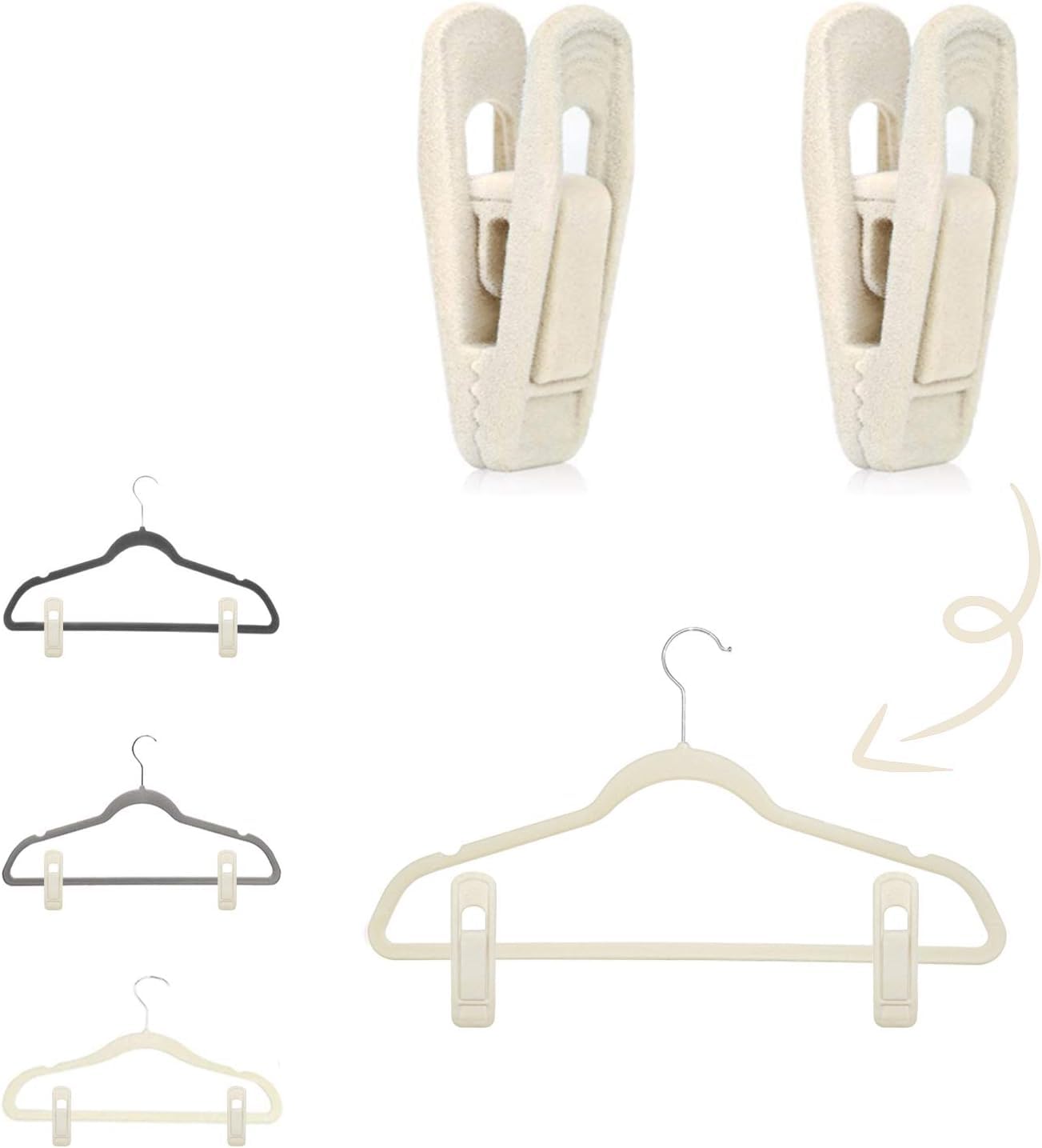 Velvet Hangers Clips, 20 Pack Beige Pants Velvet Clips, Clothes Hanger Clip Strong Finger Flocked Clips Fit for Ivory Velvet Hangers