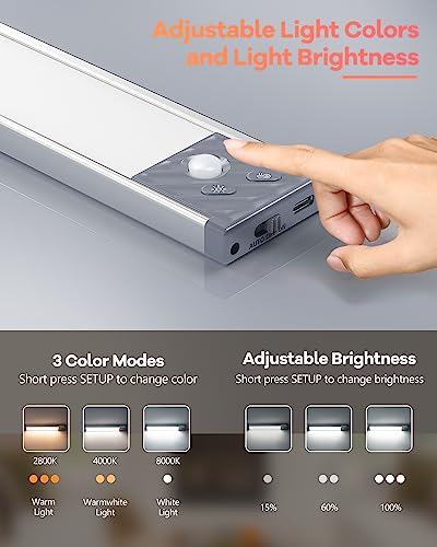 Under Cabinet Lights Rechargeable 40 LED Closet Lights, 3 Color Temperatures Dimmable Motion Sensor Lights Indoor, Wireless Magnetic Night Lighting for Kitchen, Wardrobe, Cupboard, Drawer, 2 Packs