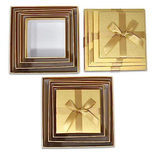 Set Of 4 Gold Square Gift Boxes with Ribbon Bow Assorted Sizes Nesting Christmas Box Durable Cardboard Reusable for Wrapping Gifts Holiday Wedding Present Bridesmaid Bridal and Baby Shower Anniversary