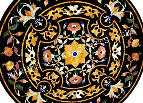 Pietra Dura Black Marble Round 30" x 30" Coffee Table Top, Black Marble Round Centre Table Top, Black Marble Round Dining Table Top, Piece Of Conversation, Family HeirLoom