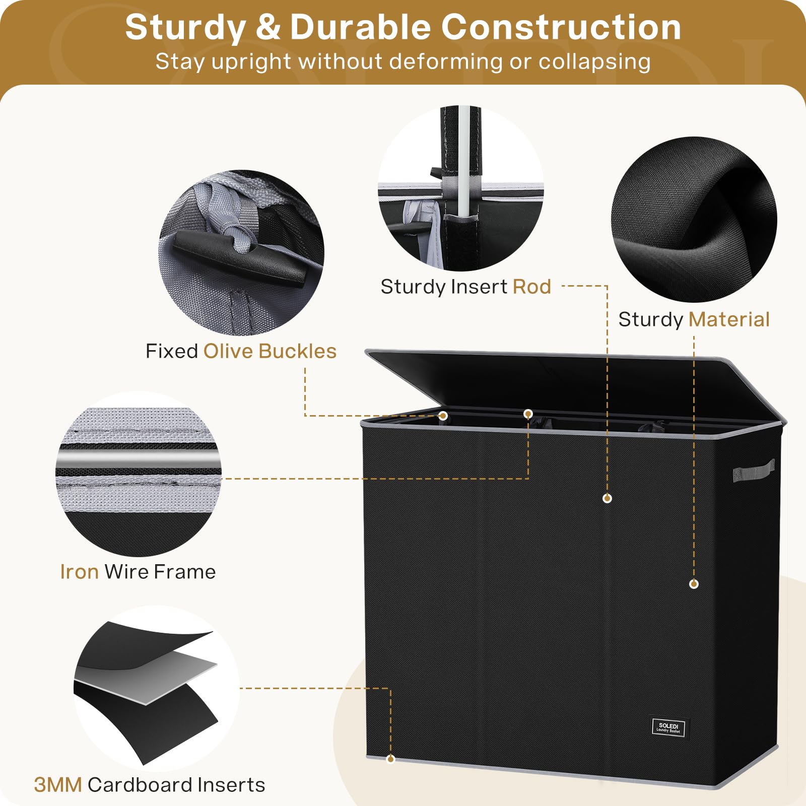 SOLEDI 180L Laundry Hamper 3 Section, Extra Large Laundry Hamper with Lid, Dirty Clothes Hamper with Sturdy Handle, Large Laundry Basket Organizer for Laundry Room, Bedroom, Hampers for Laundry