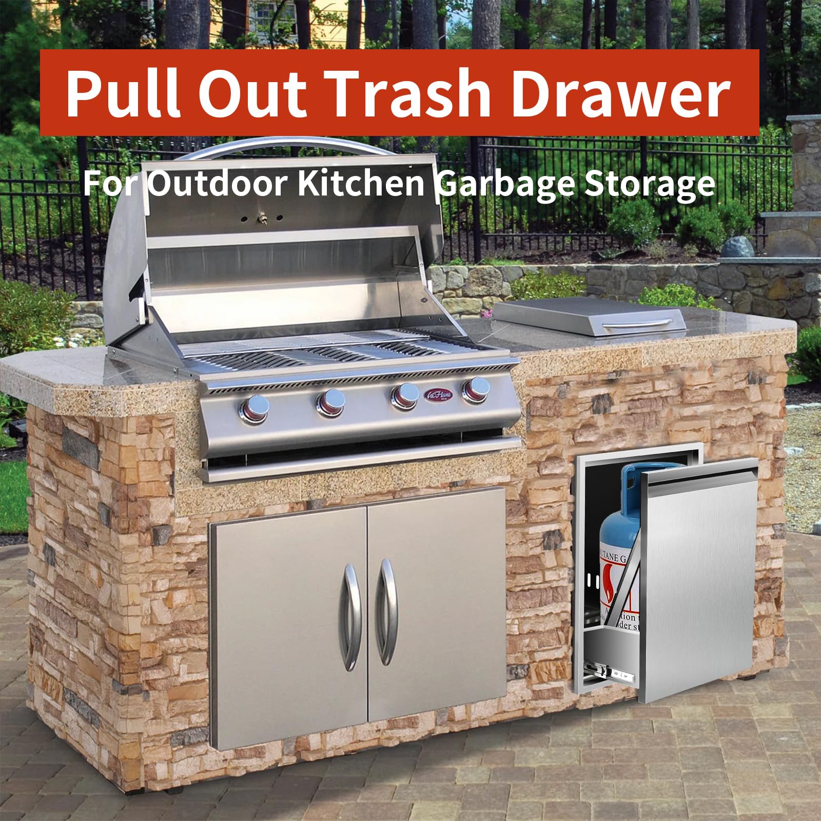 Pull Out Trash Drawer 16" Wx22 H×16.5" D Built-in Single Trash Drawer Propane Tank Drawer Stainless Steel Trash Bin for BBQ Island Grill Station