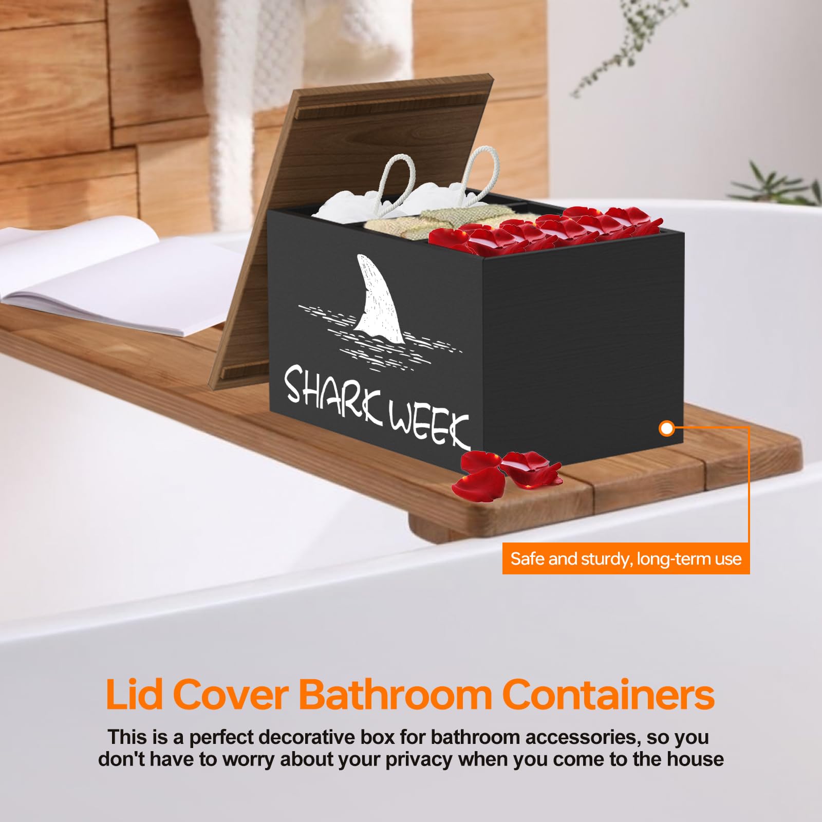 Tampon Holder For Bathroom, Tampon Storage Container,Feminine Product Organizer,Removable Organizer,Shark Week Wood Box With Lid, Tampon Organizer,Christmas Gifts for Mom and Female Friends (Black)