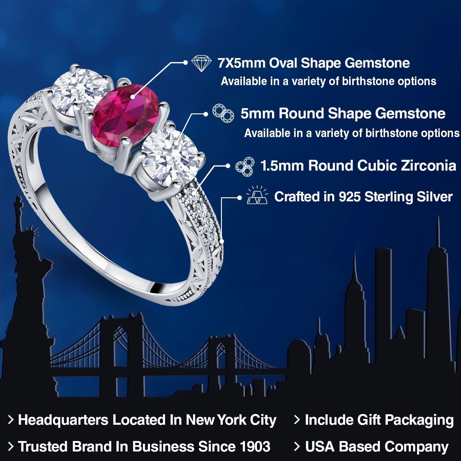 Gem Stone King 2.52 Cttw 925 Sterling Silver Red Created Ruby 3-Stone Engagement Ring | Oval 7X5MM & Round 5MM | 3 Stone Wedding Anniversary Promise Ring For Women (Size 6)