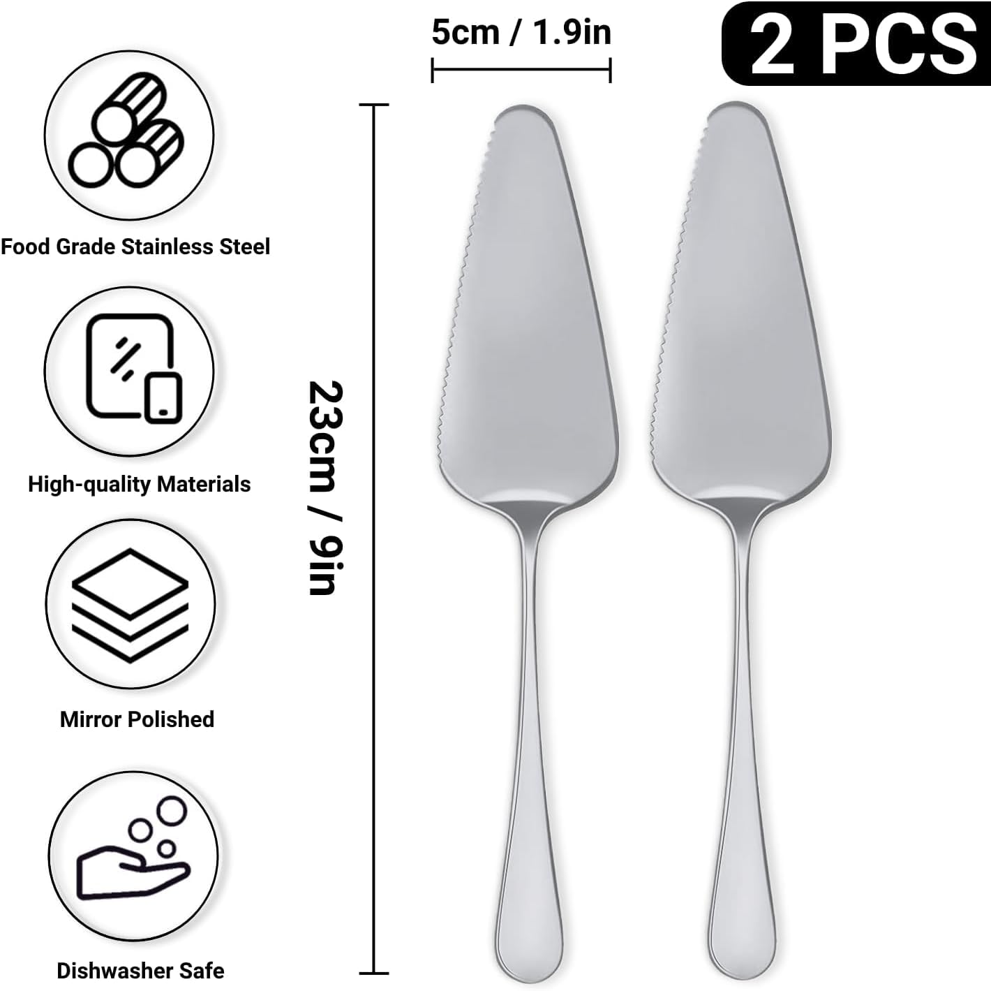 Pie Cake Server, 9 inch Stainless Steel Pie Server Cake Pizza Cutter Tart Dessert Slicer, 2Pcs Cake Cutter Set forParty Wedding Birthday Anniversary, Dishwasher Safe (Silver)