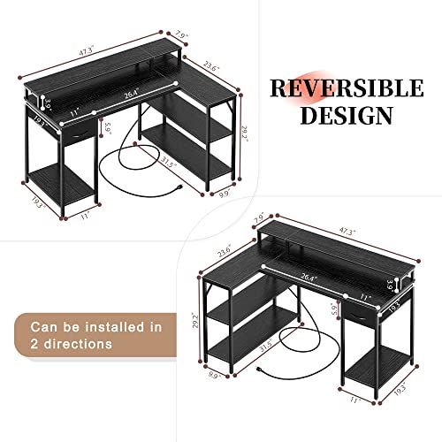 SUPERJARE L Shaped Gaming Desk with LED Lights & Power Outlets and Nightstand with Charging Station