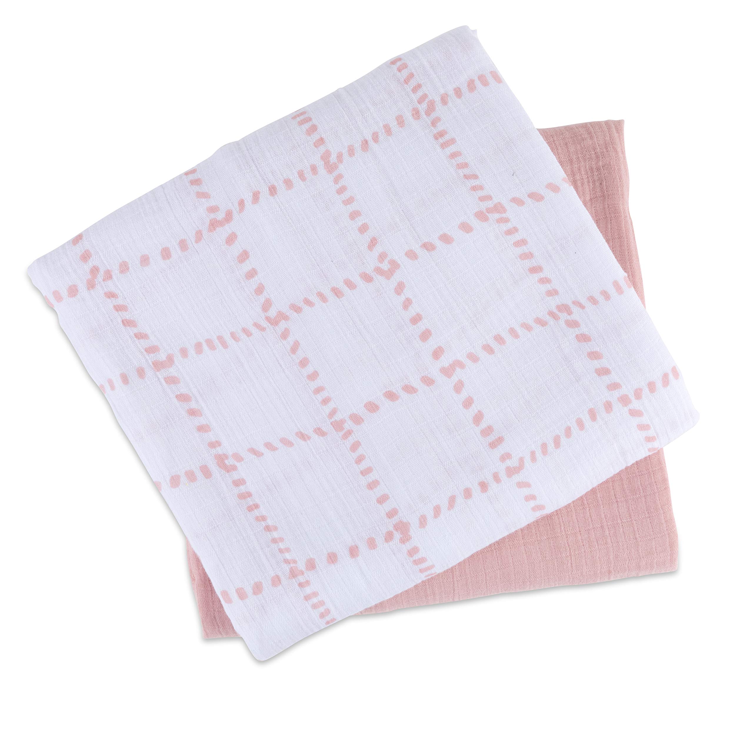 Muslin Swaddle Blankets 2-Pack 100% Muslin Cotton Swaddle Receiving Wrap Blankets (47 X 47 inches) Gift for Baby Girl (Pink Grid Lines & Solid Pink) (Pink)
