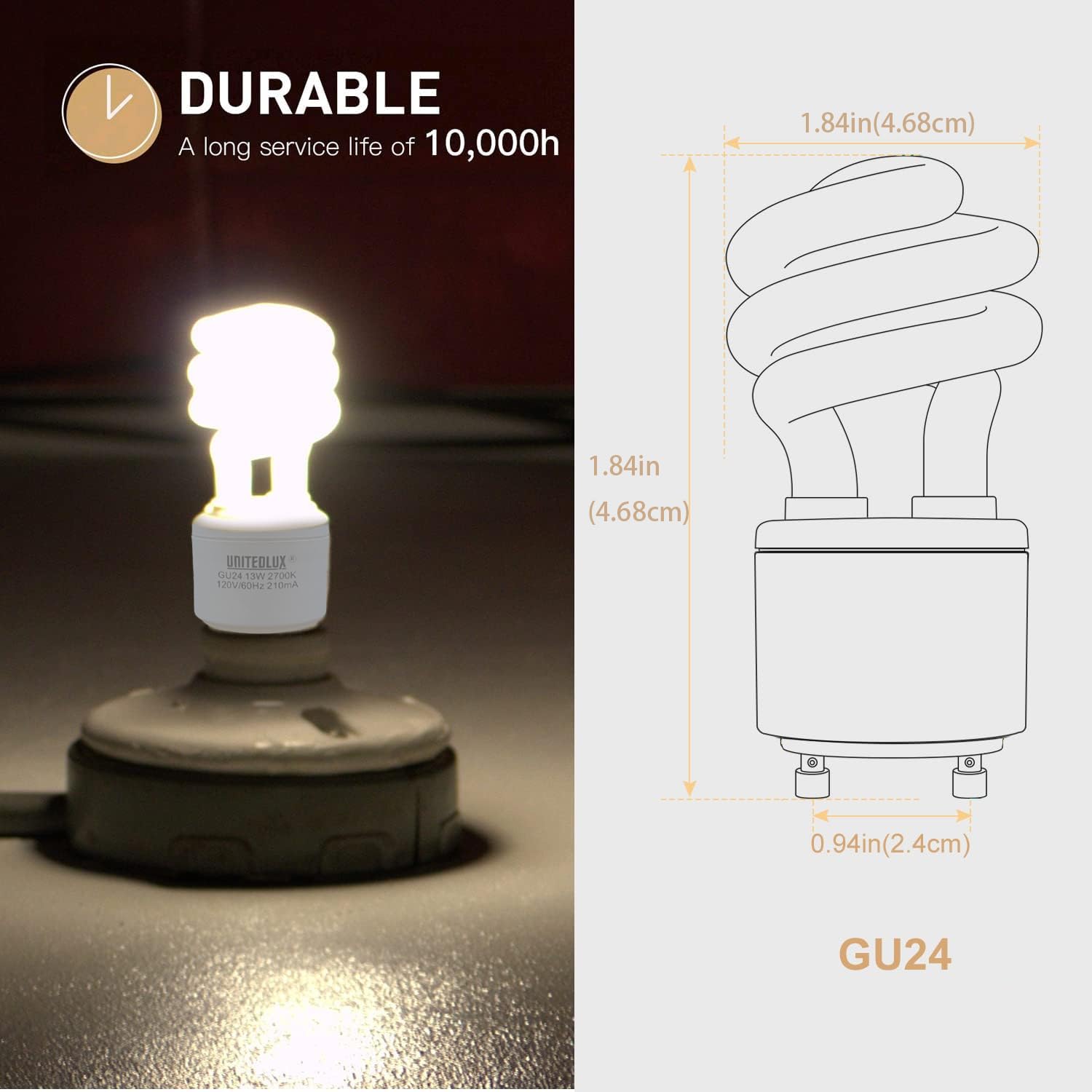 UNITEDLUX 13Watt T2 Spiral CFL GU24 2 Prong Light Bulb Base 2700K 900lm 120v 60Hz Light Bulb- Mini Twist Lock Spiral -Self Ballasted Compact Fluorescent Soft White Pack of 3