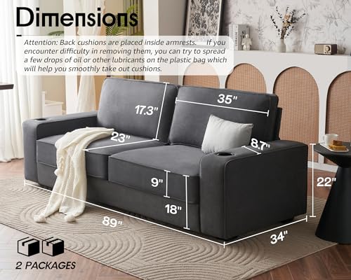 VanAcc Couch, 89 Inch Deep Seat Sofa with USB Charging Ports & Cup Holders, Modern Sofa Couch- Comfy Couch for Living Room (Charcoal Grey Chenille)