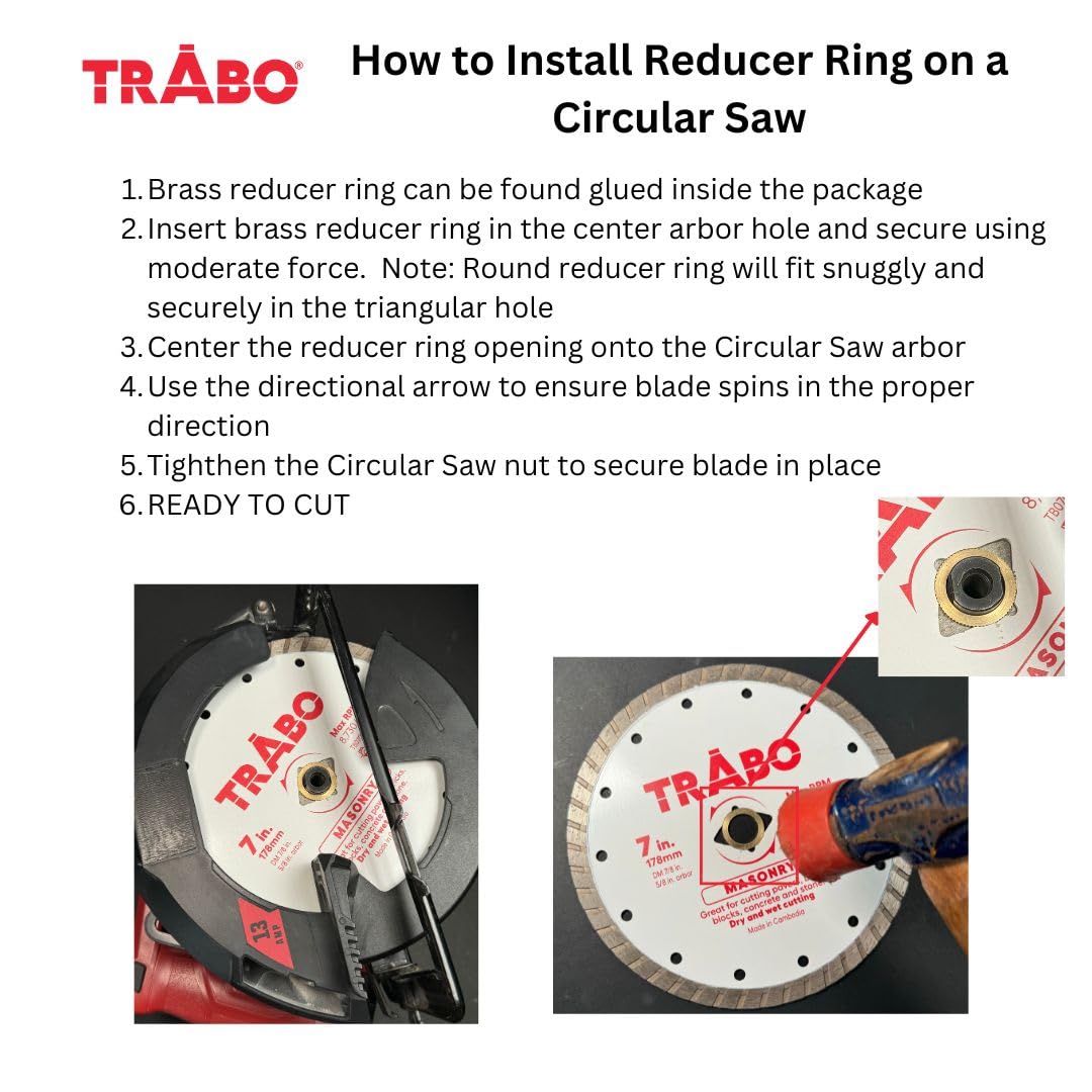Trabo 7 Inch Masonry Segmented Rim Diamond Bond Blade for Cutting Cement, Pavers, Concrete with Rebar, Natural Stone and More, with 7/8 Inch Arbor with 5/8 Inch Reducer Ring