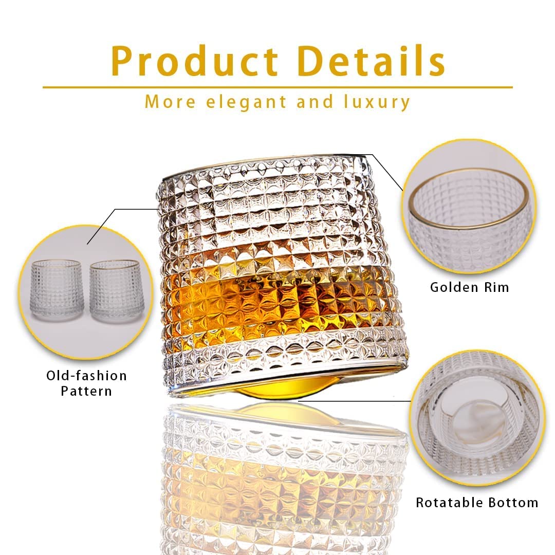 LEMOYEE Whiskey Glasses- Rotatable Set with Golden Rim For Perfect Idea for Scotch Lovers,Style Glassware for Bourbon,Clear Set of 4