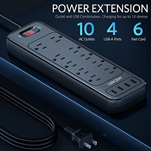LENCENT 2 Prong Power Strip, Polarized 3 Prong to 2 Prong Outlet Adapter, 1700J Surge Protector, 6ft Extension Cord, 10 AC Outlets & 4 USB(5V 3.4A Max), Wall Mountable, Ideal for Non-Grounded Outlets