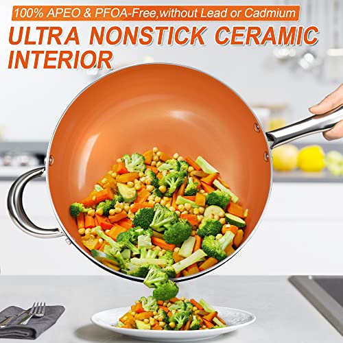 Michelangelo 5 Quart Nonstick Wok Set with Lid, Deep Frying Basket, and Roasting Steaming Rack, Aluminum, Includes All Stovetops Compatible, Non Stick
