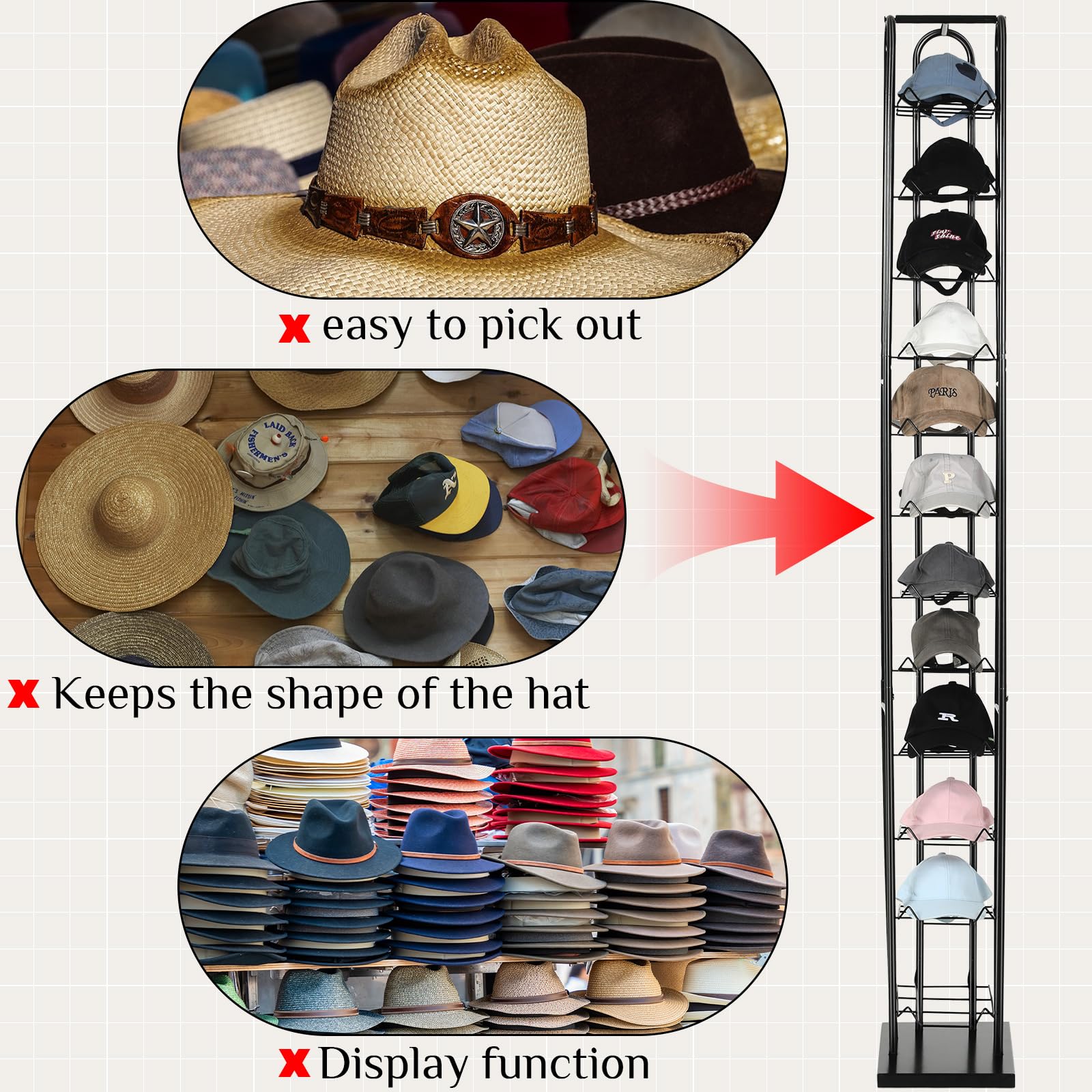 Tandefio 78" Black Floor Standing Hat Rack Tower 12 Tier Hat Display Rack Hat Organizer Metal Hat Stand Hats Wigs Holder for Cap Retail Display Storage Vertically