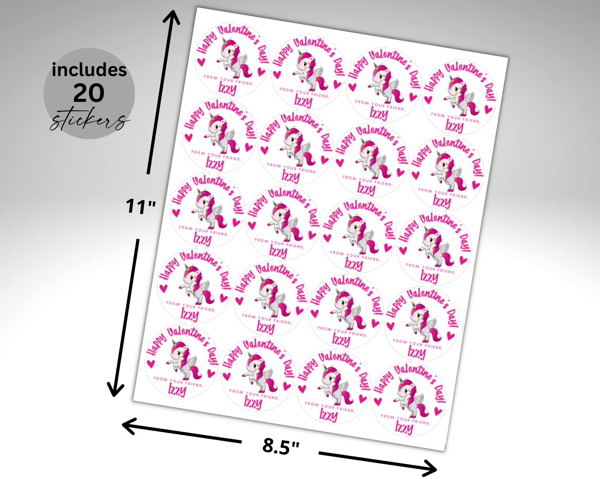 Personalized Unicorn Valentine's Day Stickers for Kids Class Party Favors, Custom Gift Bag Labels for Girls, 2-inch, 20-Count