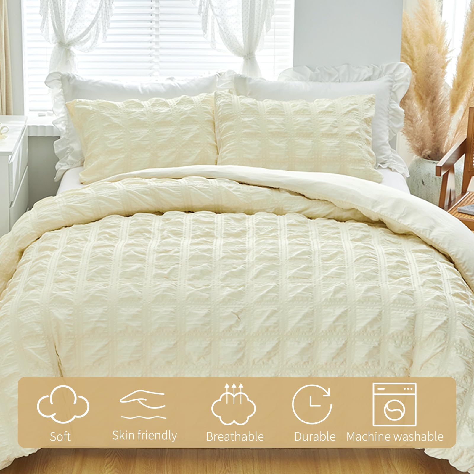 Rvciby Pink Duvet Cover Queen King Size,Soft Breathable Seersucker Geometric Pattern Boho Textured Duvet Cover,3PCS Microfiber Bedding Set with Corner Ties& Zipper Closure,1 Duvet Cover,2 Pillow Cases