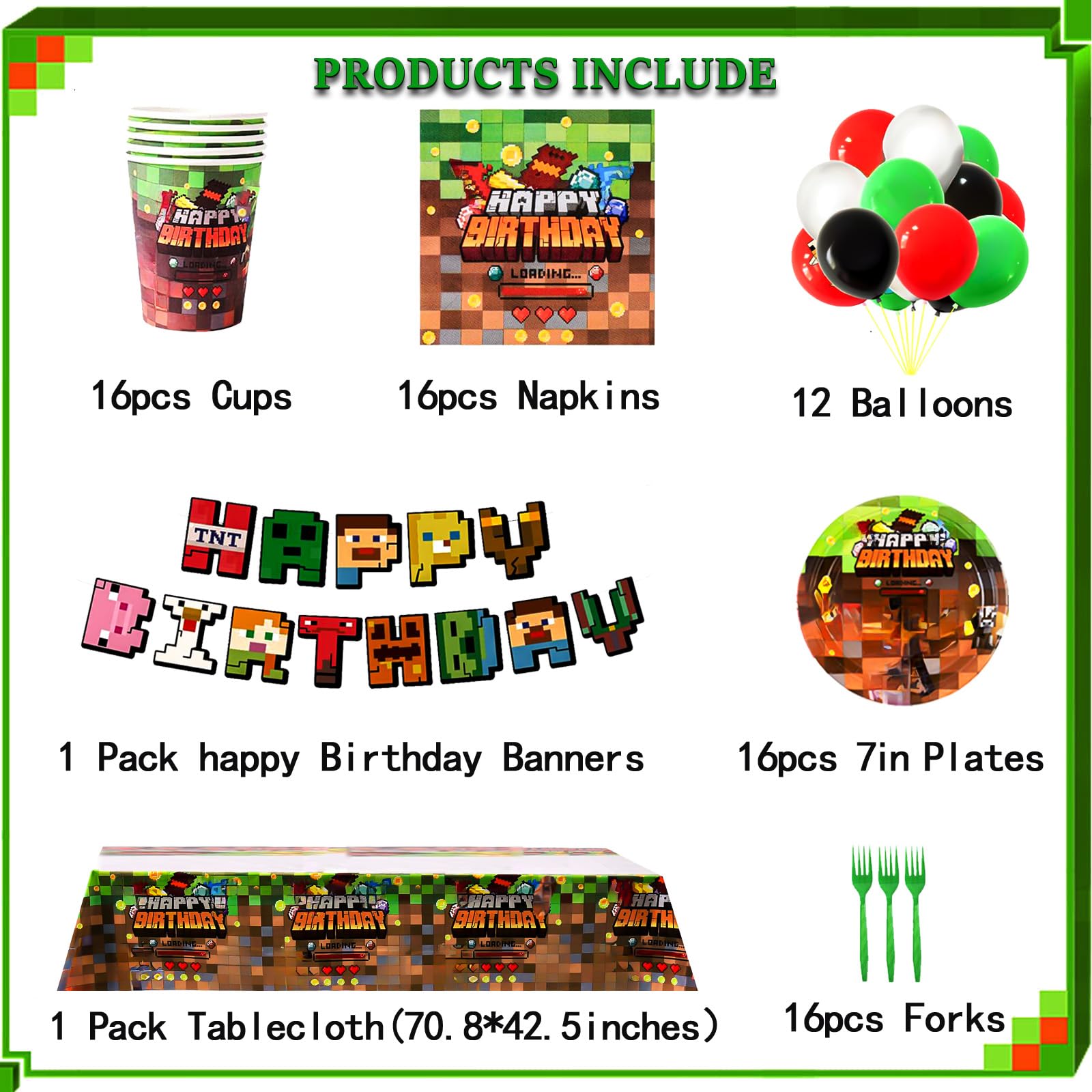 Pixel Birthday Party Decorations - Party Favour Set Includes Pixel Banner, Plates, Napkins, Cups, Tablecloth, Balloons, Forks. (green)