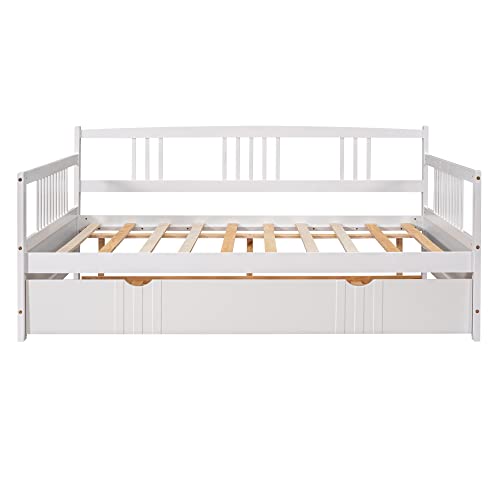 Lepfun Full Daybed with Twin Size Trundle, Wood Full Size Bed Frame with Rails in Three Sides, Full Sofa Bed for Living Room, Bedroom, Apartment, Dorm, No Box Spring Needed (Full, White)