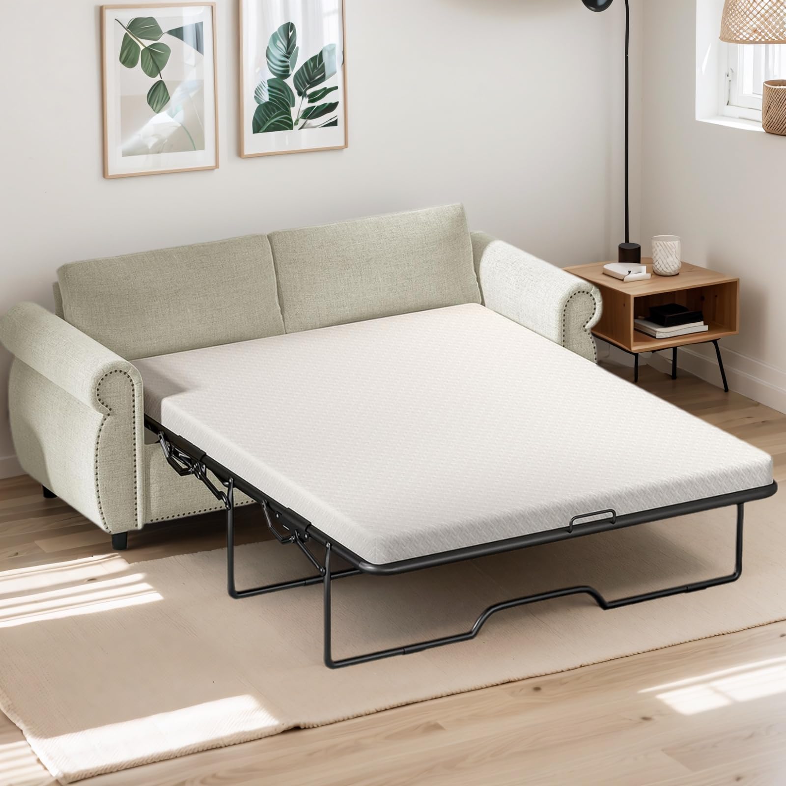 MUZZ Pull Out Sofa Bed, Full Sleeper Sofa Couch with 4" Thick Memory Foam Mattress, Modern Linen Sectional Loveseat with Rivet Decoration, Pull Out Couch for Living Room,Office(Grey,Full)