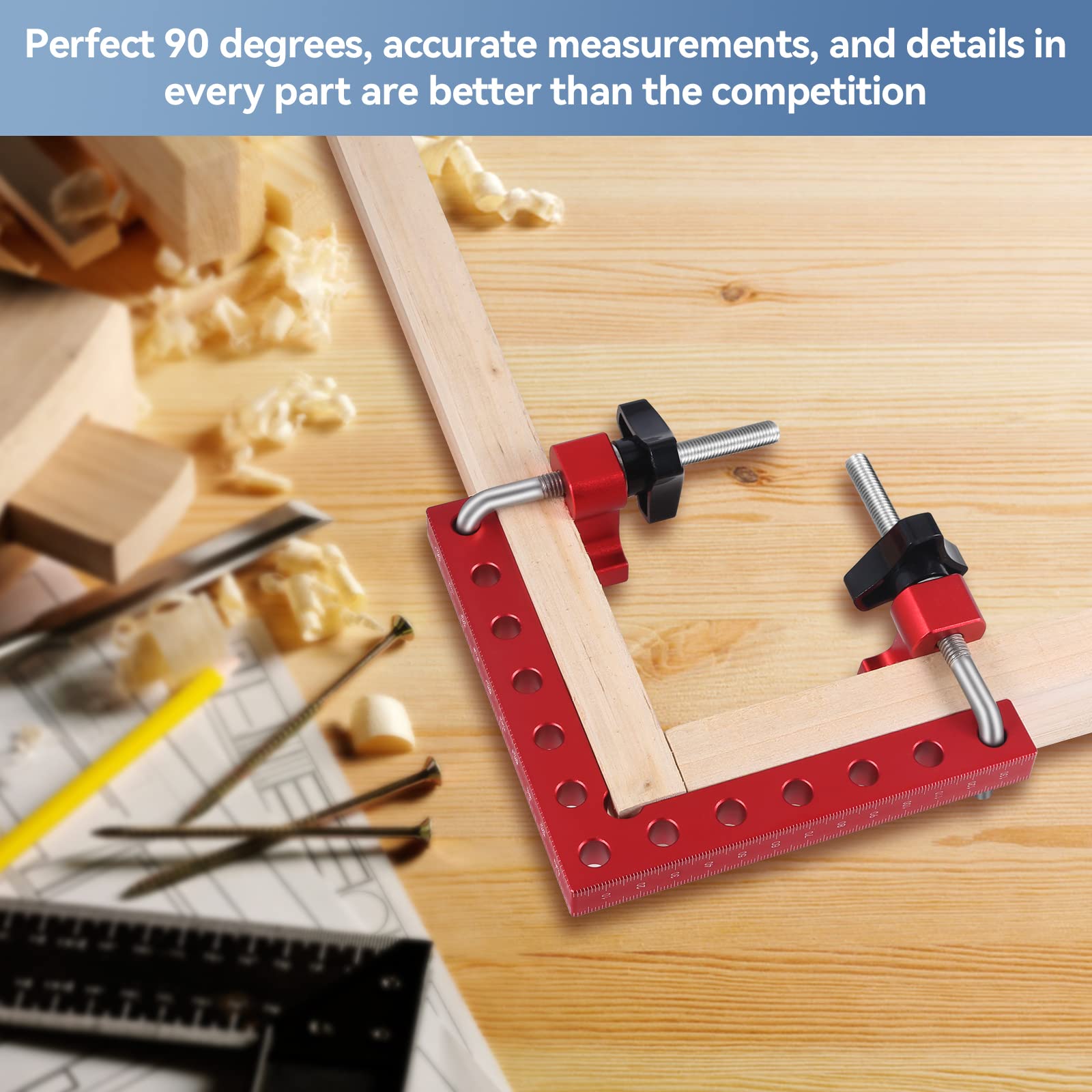 Mikego 90 Degree Clamp, Corner Clamp, Right Angle for Woodworking, 4 Pack 5.5"x 5.5" Aluminum Alloy Woodworking Corner Clamps, for Picture Frame, Cabinet, Drawers with 4 Clamps & Gaskets and Gloves