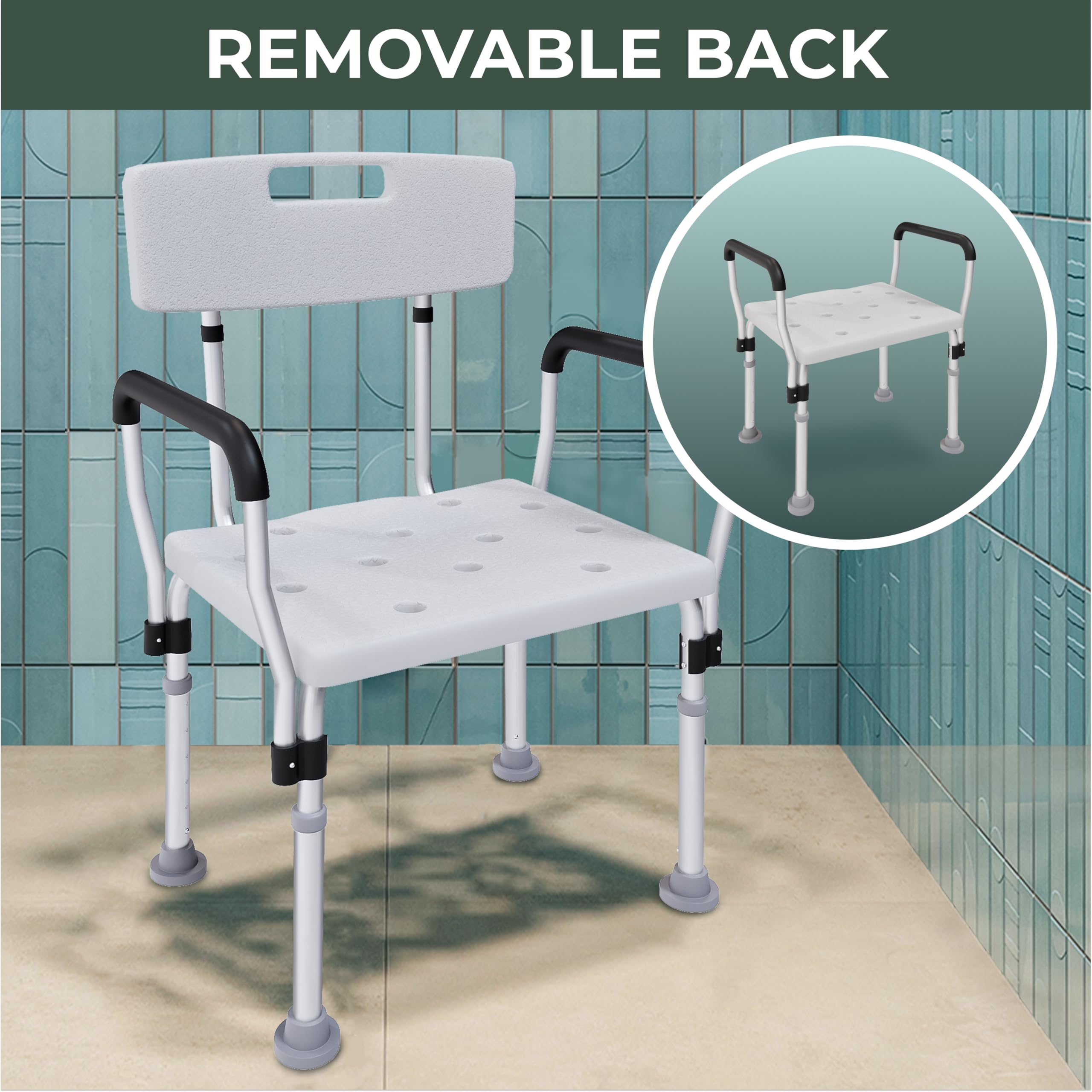 Shower Chair for Inside Shower for Elderly and Disabled with Padded Armrests and Removable Back (Max Load 300 lbs), Height Adjustable Shower Stool with Waterproof Storage Bag, Non-Slip Feet