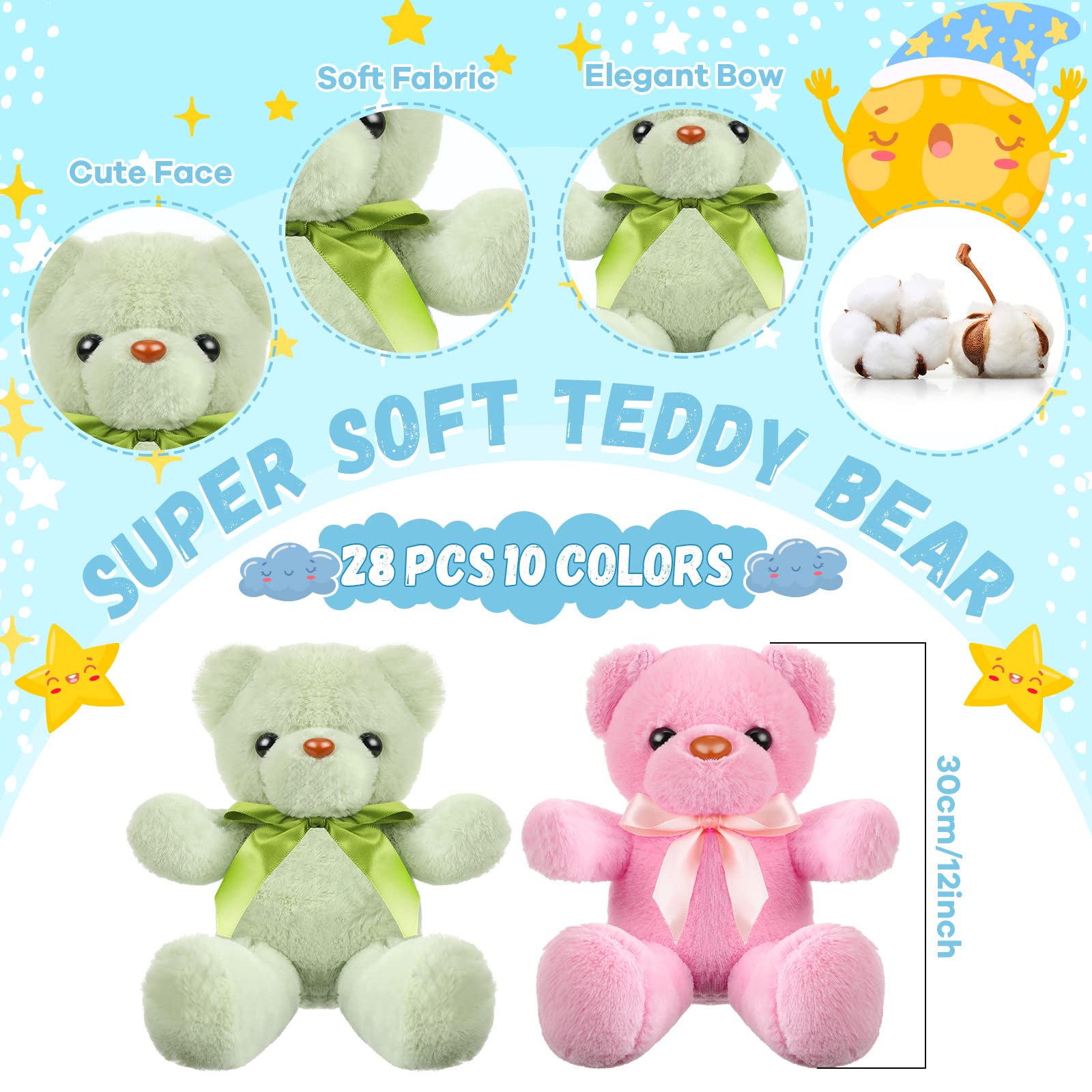 Jerify 28 Pieces Halloween Bears Stuffed Animals Plush Gift 12 Inch Plush Cute Soft Bears with Ribbon Bow in 10 Colors Wedding School Exchange Gift Baby Shower