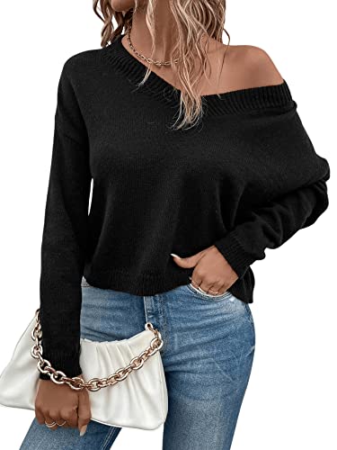 SweatyRocks Women's Casual V Neck Drop Shoulder Pullover Sweater Long Sleeve Knitted Top Black M