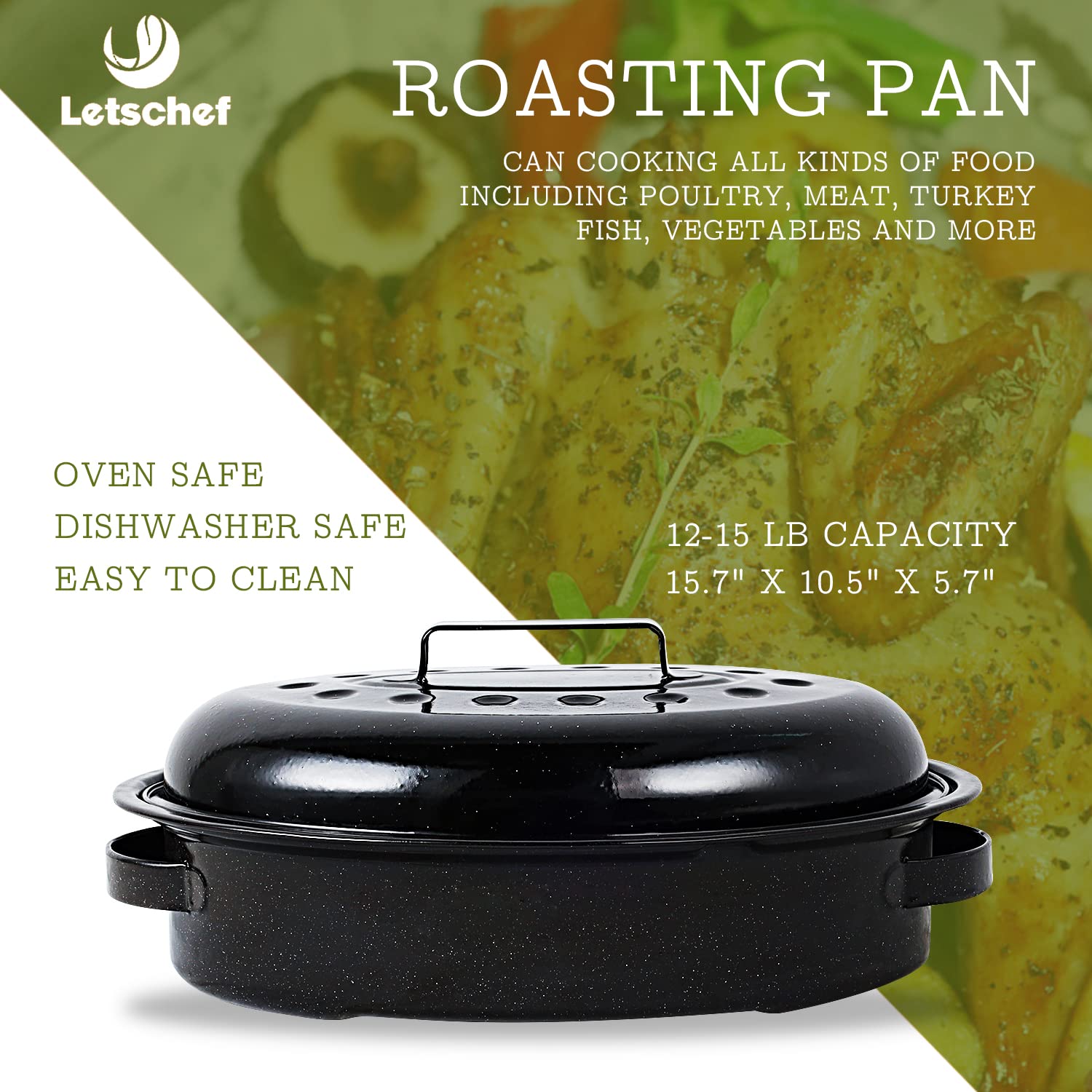 Letschef Roasting Pan 11Lb 15.7 inch Oval Enamel Oven Roaster Pan with Lid for Turkey Chicken Cookware PFOA free