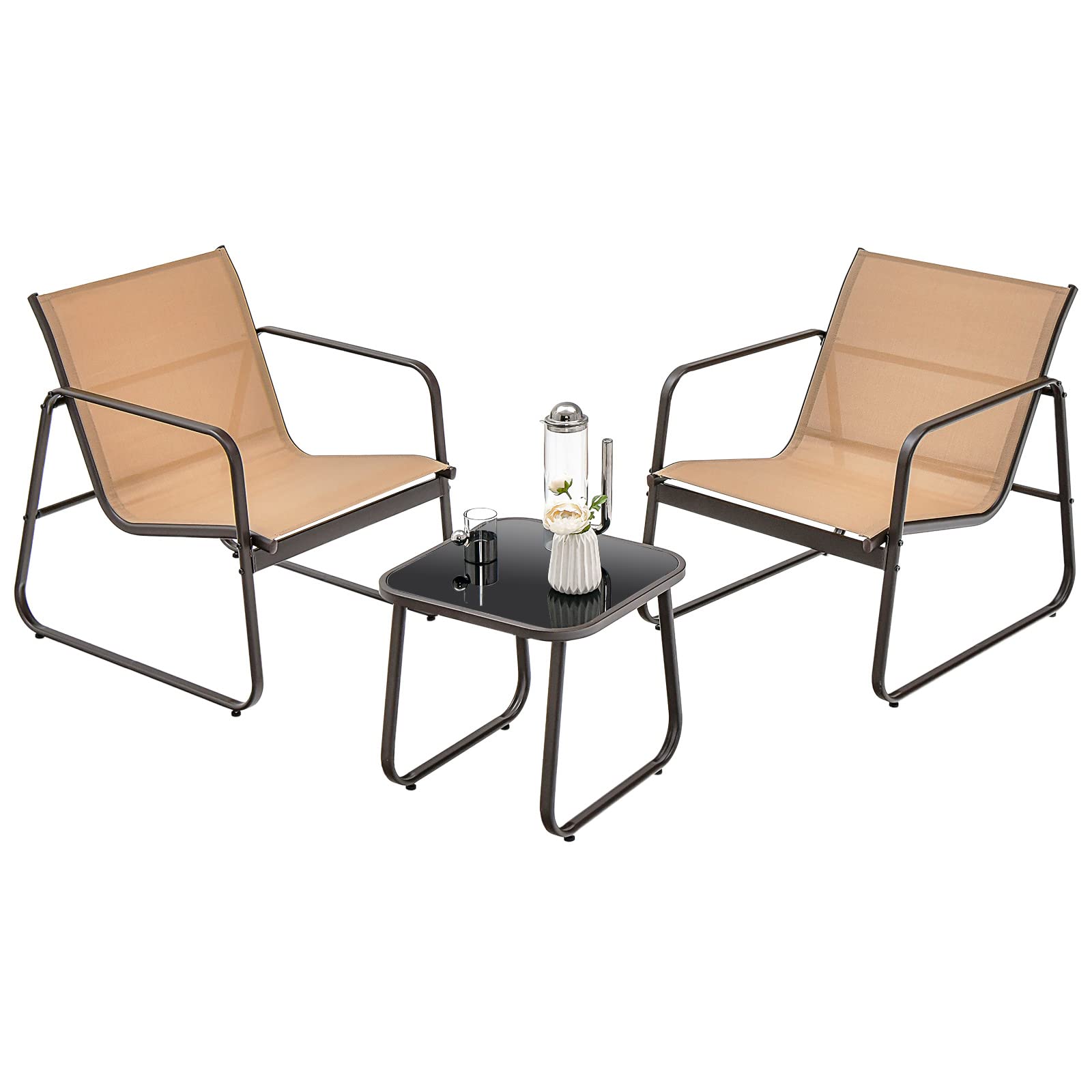 Tangkula 3 Pieces Patio Conversation Set, Outdoor Metal Chair & Table Set, Breathable Fabric & Tempered Glass Tabletop, Metal Frame Furniture Set for Backyard, Poolside