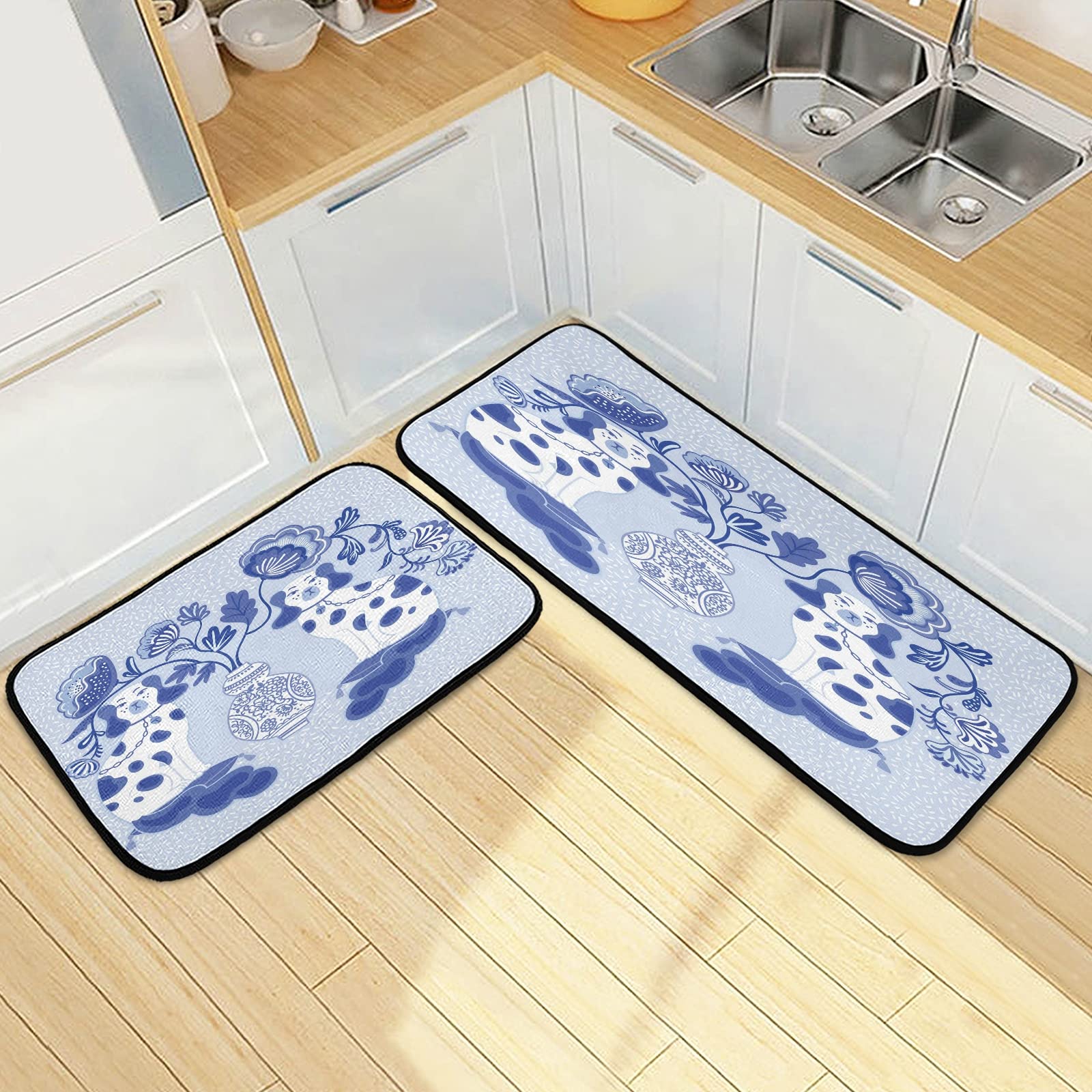JUAMA Staffordshire Dogs in Chinoiserie Style Blue & White Porcelain Kitchen Rugs Set 2 Pcs Non Slip Memory Foam Floor Standing Mats Runner Rug for Home Bathroom, 19.7x47.2'', Multicolor, one size