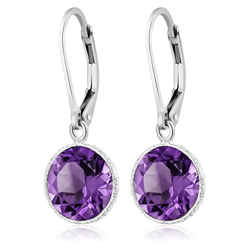 Gem Stone King 925 Sterling Silver Purple Amethyst Leverback Dangle Earrings For Women (8.00 Cttw, Gemstone Birthstone, Round 10MM)