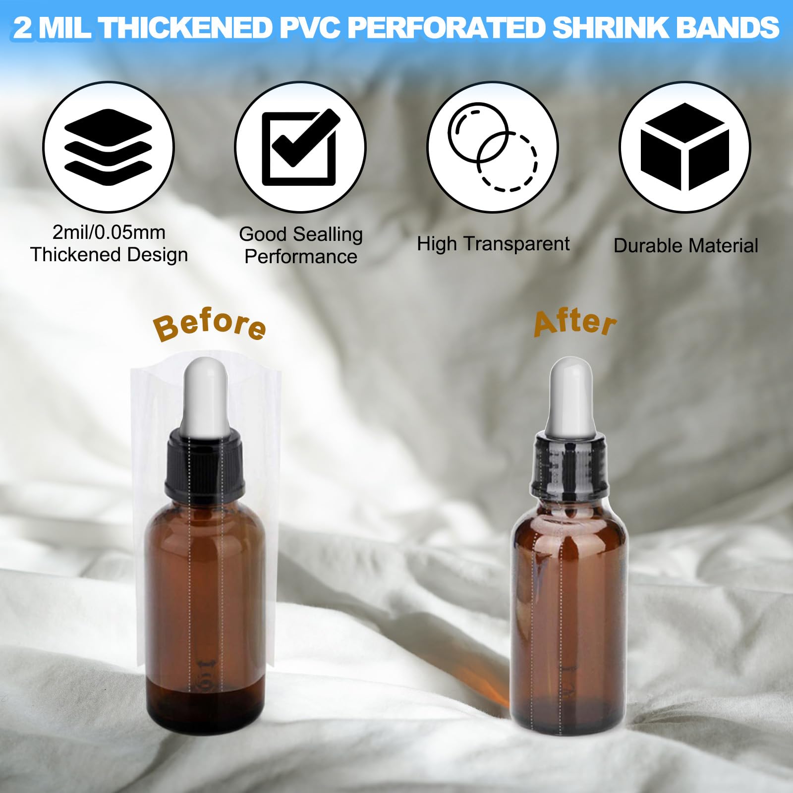 PATIKIL 115x56mm PVC Perforated Shrink Bands, 100Pcs 0.05 mm/2 Mil Thickened Heat Shrink Seal Wrap Fit for 2.5"-2.75" Cap Diameter Essential Oil Bottles Jars Cans Tin, Clear