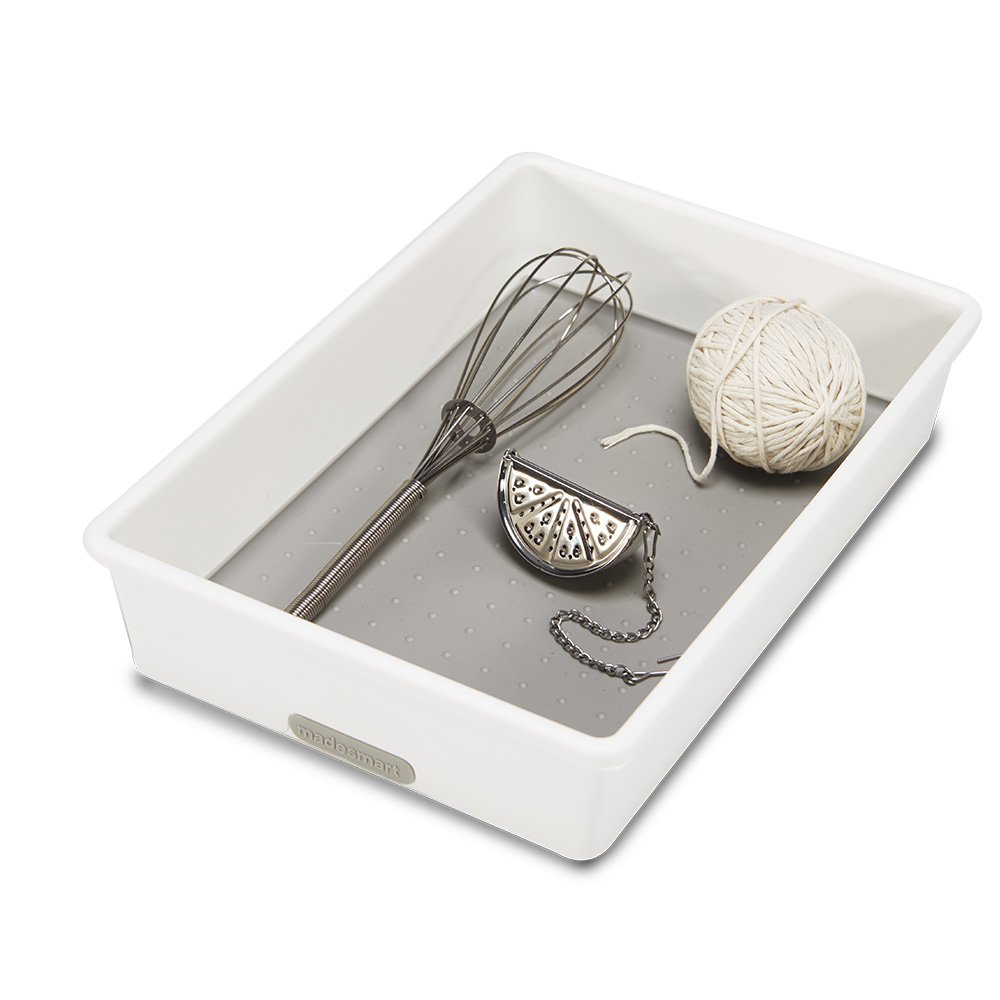 madesmart Classic Mini Utensil Tray - White & Classic 9.75" x 6.75" Bin - White | CLASSIC COLLECTION | Soft-grip Lining and Non-slip Rubber Feet | BPA-Free