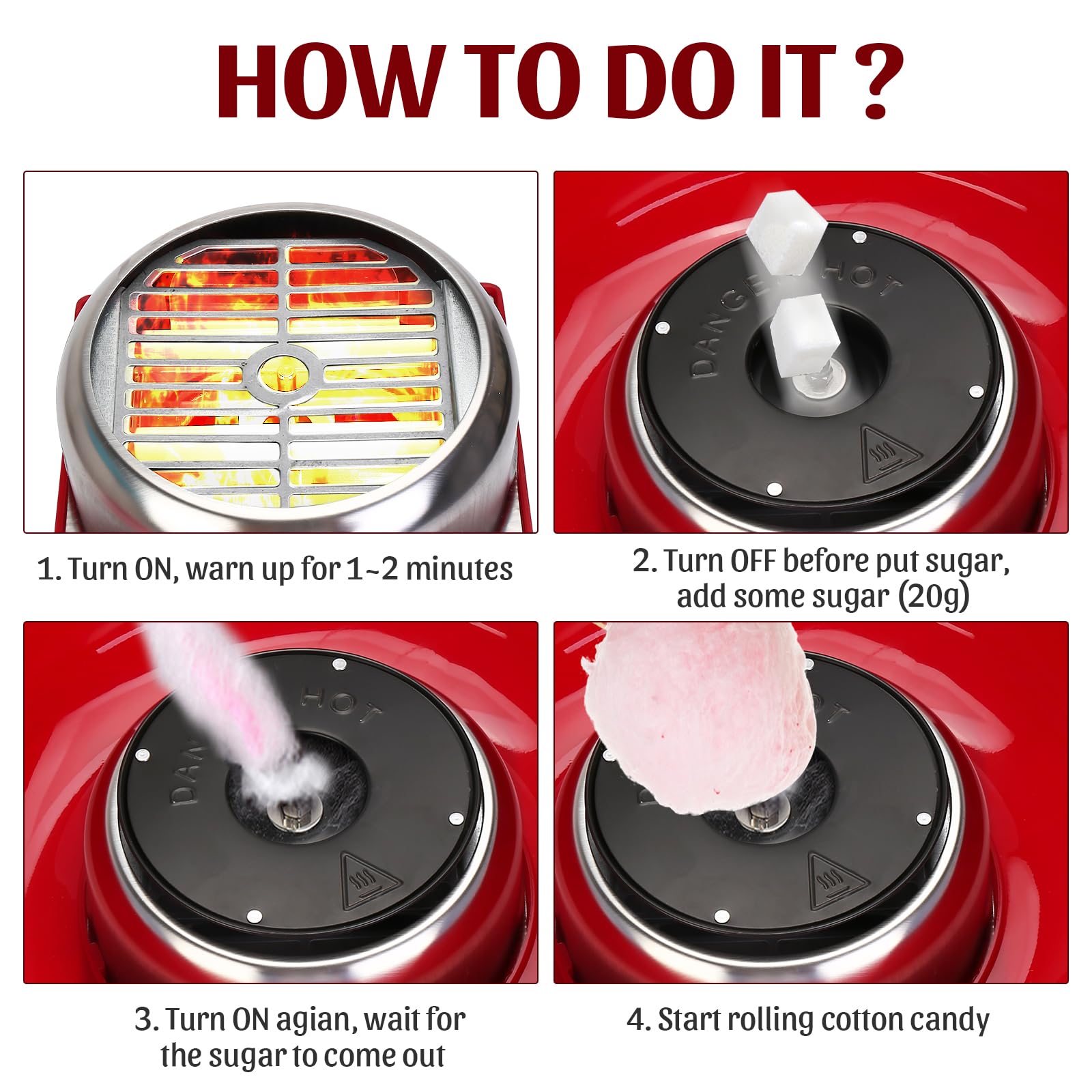 VAlinks Cotton Candy Machine, Mini Electric Cotton Candy Maker with Sugar Scoop & Splash-Proof Plate, Countertop Cotton Candy Maker Make Candy for Kids Birthday, Party, Red